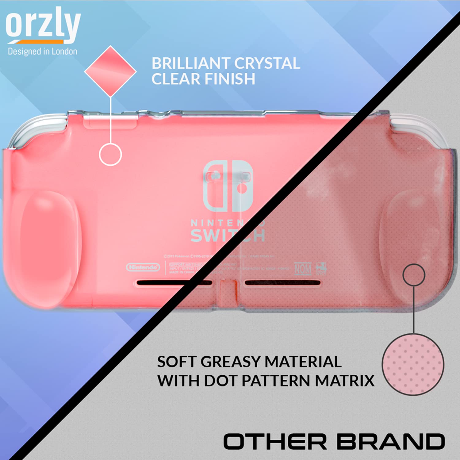 Orzly Protective Case for Switch lite, Clear Rugged Grip case with Kickstand Shock Absorption for Blue Turquoise Yellow Coral Grey - Hand Grip Transparent Edition with with Thumb Grips Included