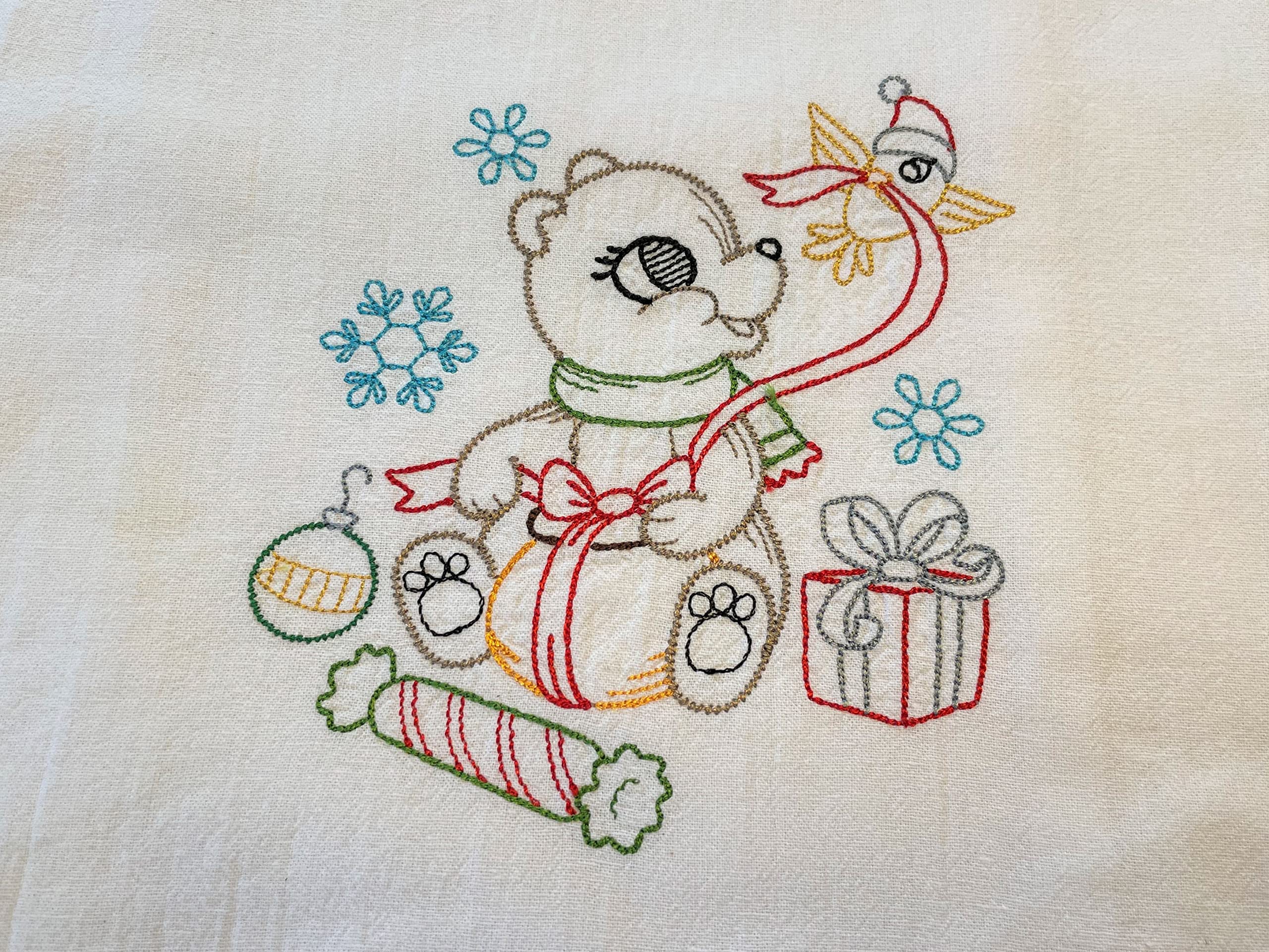Christmas embroidered tea towel, flour sack towel, vintage pattern, 1 in set of 7 designs, Christmas animals,