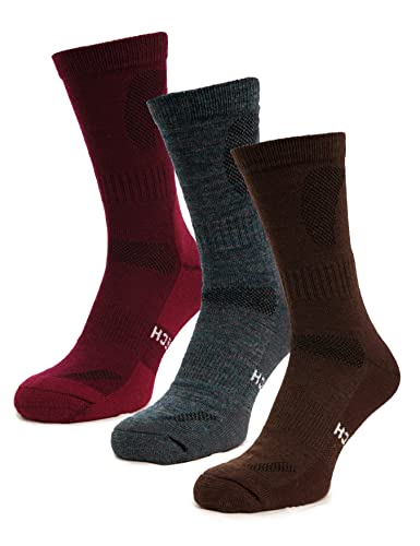 Merino.tech Merino Wool Socks for Women And Men - 85% Merino Wool Hiking Socks Crew Style (Multicolor: Brown, Dark Green, Red, 9-12)