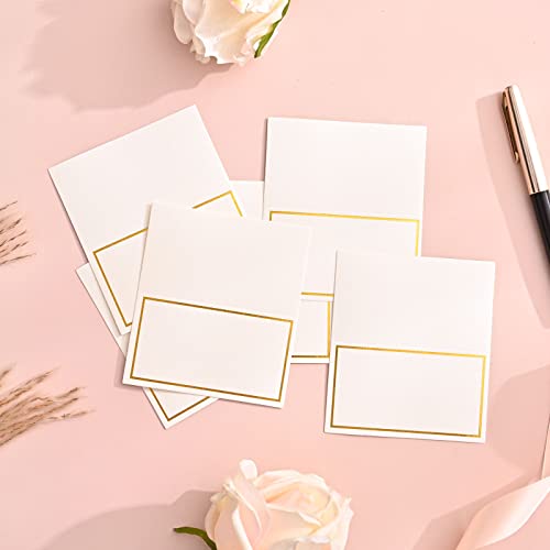 KraftiSky 100 Pack Place Cards for Table Setting with Gold Foil Border Table Tent Cards for Seating Perfect for Weddings, Dinner Parties, Banquets 2β x 3.5β