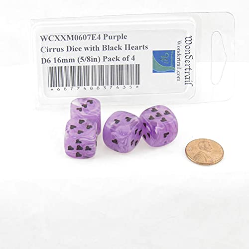 Purple Cirrus Dice with Black Hearts D6 16mm (5/8in) Pack of 4 Wondertrail