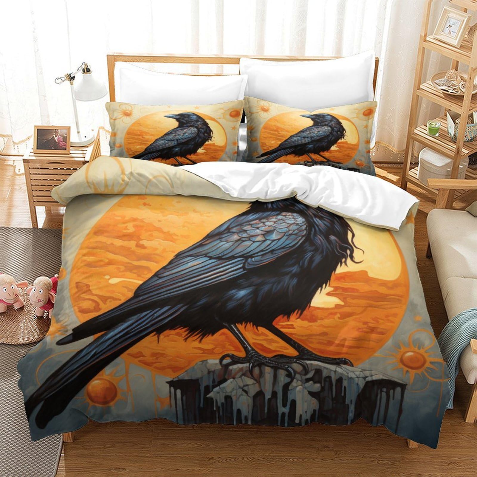 EVMILA Gothic Crow Duvet Cover Quilt Cover 3D Print Birds Comforter Covers for Boys Girls Bedding Set with Zipper Closure with Pillow Cases Soft Microfiber 3 Pieces Twin(173x218cm)