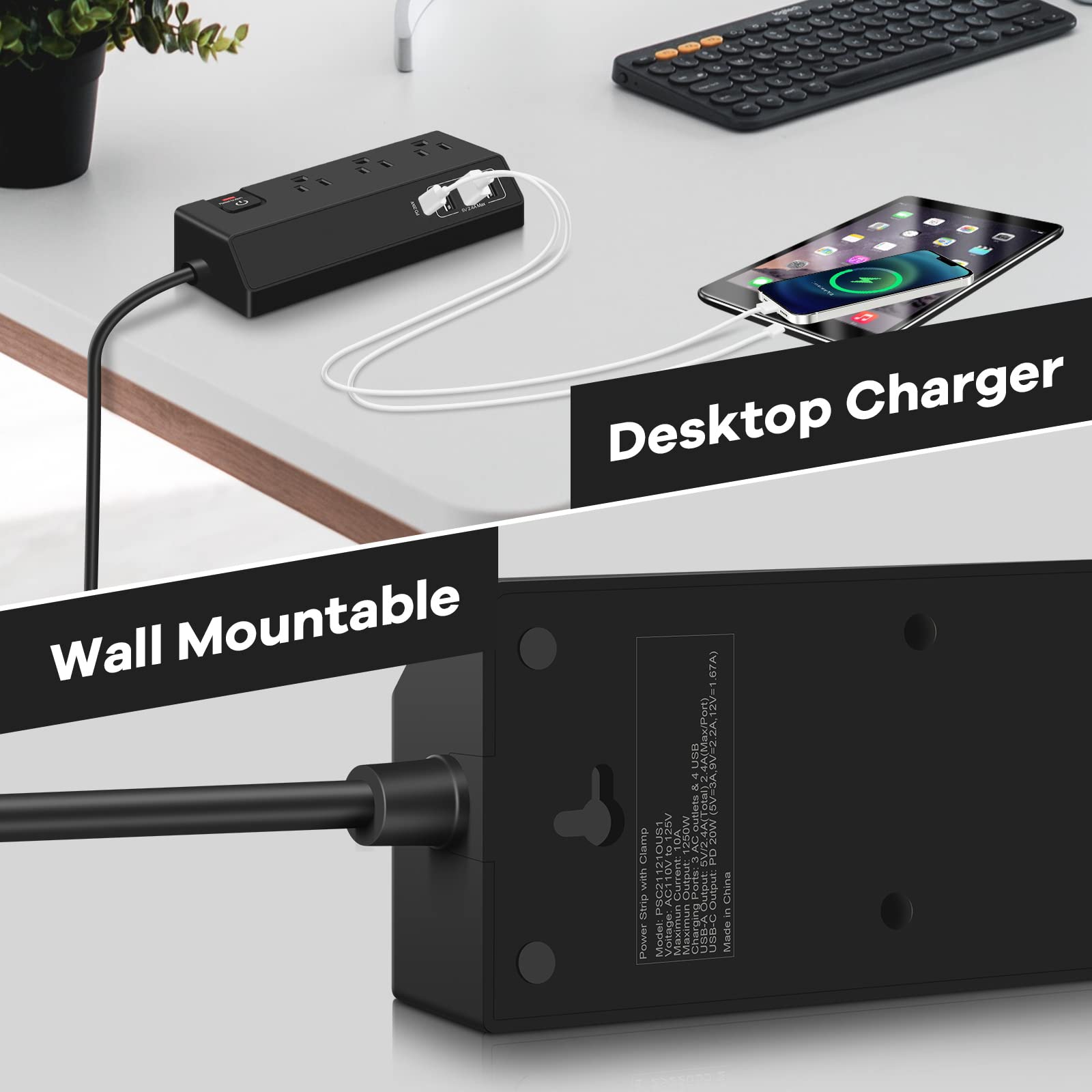 Desk Clamp Power Strip USB C (20W PD Fast Charging) - Desktop Surge Protector with 3 Outlets 4 USB Ports - Edge Mount Power Strip Desk Outlet Station Plug Extender - Phone Office Desk Accessories
