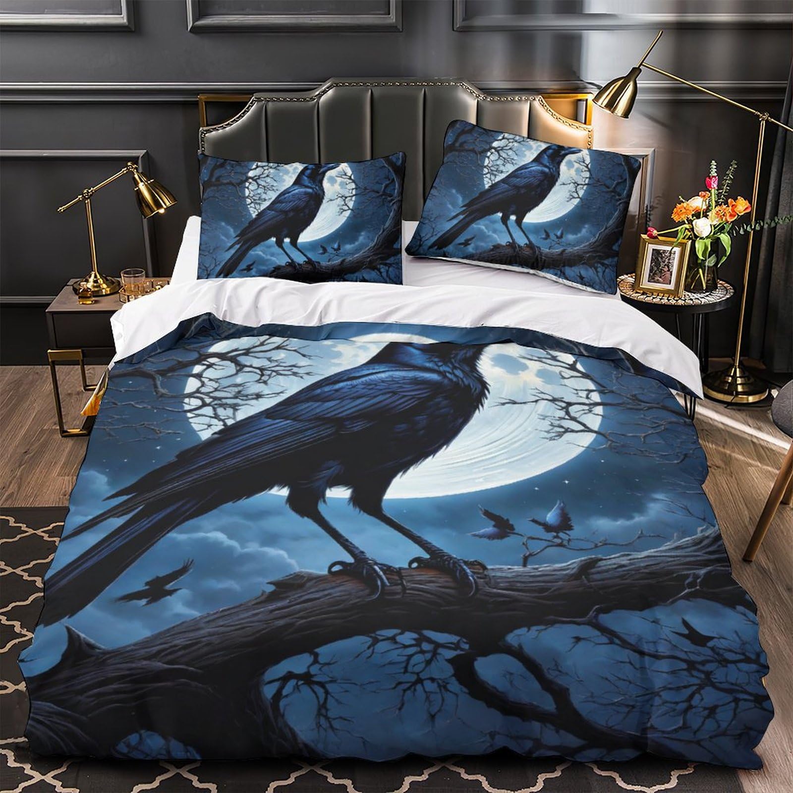 EVMILA Gothic Crow 3D Print Eerie Night for Boys Girls Quilt Cover Comforter Covers Duvet Cover Soft Microfiber with Zipper Closure with Pillow Cases Bedding Set 3 Pieces Twin(173x218cm)