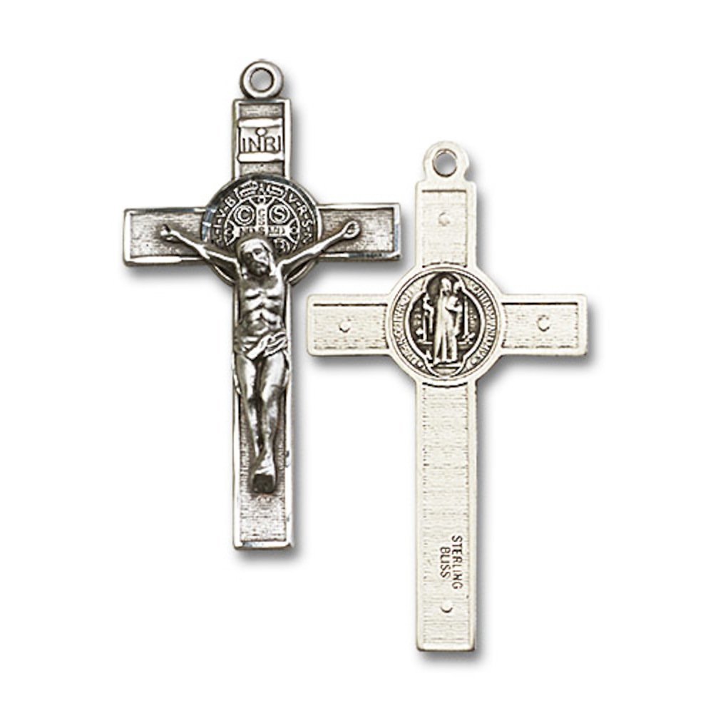 Bonyak Jewelry Sterling Silver St. Benedict Crucifix Pendant 1 3/4 x 1 inches with Heavy Curb Chain