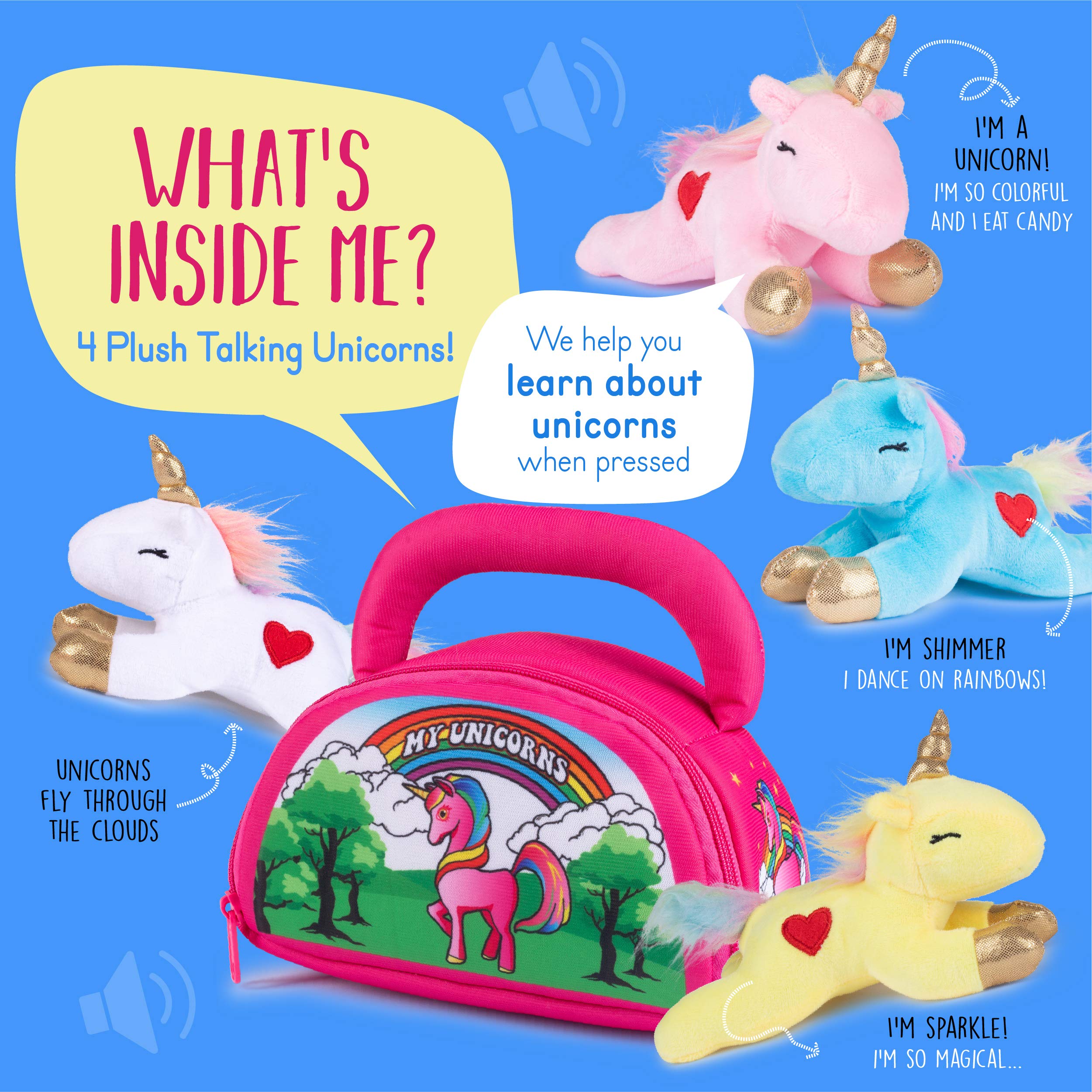 Plush Creations Talking Unicorn Plush Toy Set Includes 4 Talking Soft Stuffed Unicorns for Girls, A Pink, Blue, White, & Yellow Plush Unicorn Doll with A Pink Carrier, Great Gift for Baby and Toddler