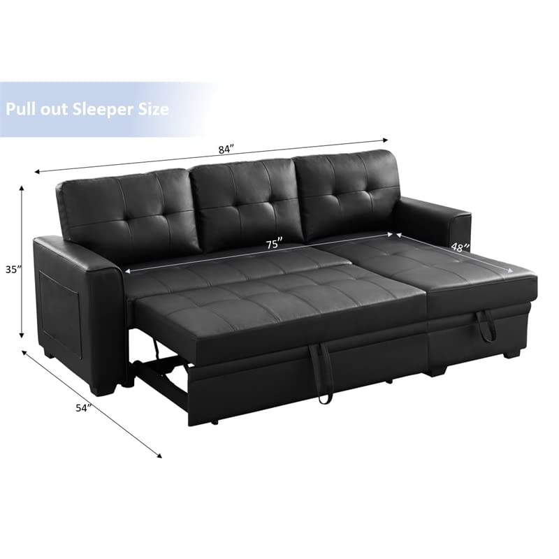 INFINI FURNISHINGS Reversible Faux Leather Pocket Sleeper Sofa in Black