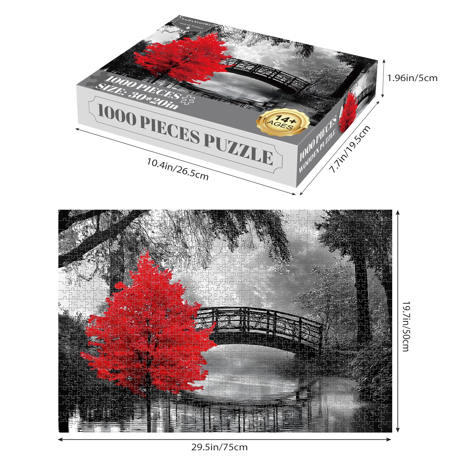 najiaxiaowu Adult Puzzle Classic Jigsaw Puzzle 1000 Pieces Wooden Puzzle DIY Black and White Bridge and Red Tree Modern Home Decor Intellectual Game Wall Art Unique Gift 75x50cm