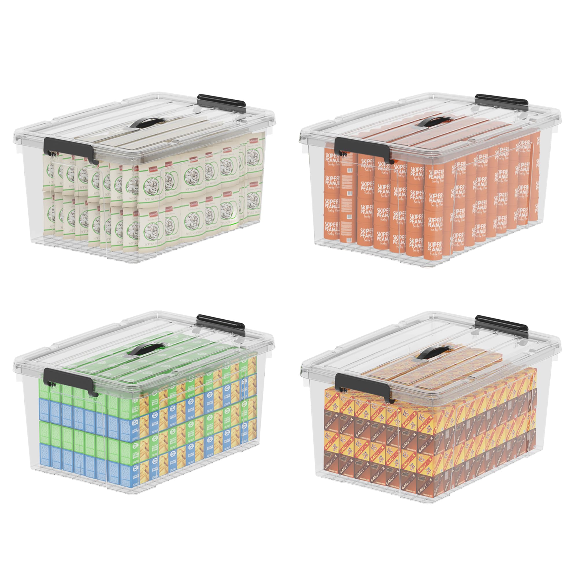 Cetomo 95Qt*4 Plastic Storage Bins, Storage Box, 4 Pack, Tote Organizing Container with Durable Lid, Secure Clips and Handle, Stackable and Nestable, Clear with Black Buckle