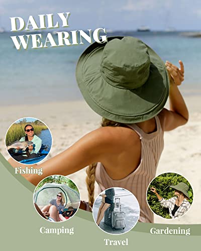 Hatiis Sun Hats for Women Gardening Beach Sun Protection Breathable Cotton Summer Hat with Fold-Up Wide Brim (Green, Medium)