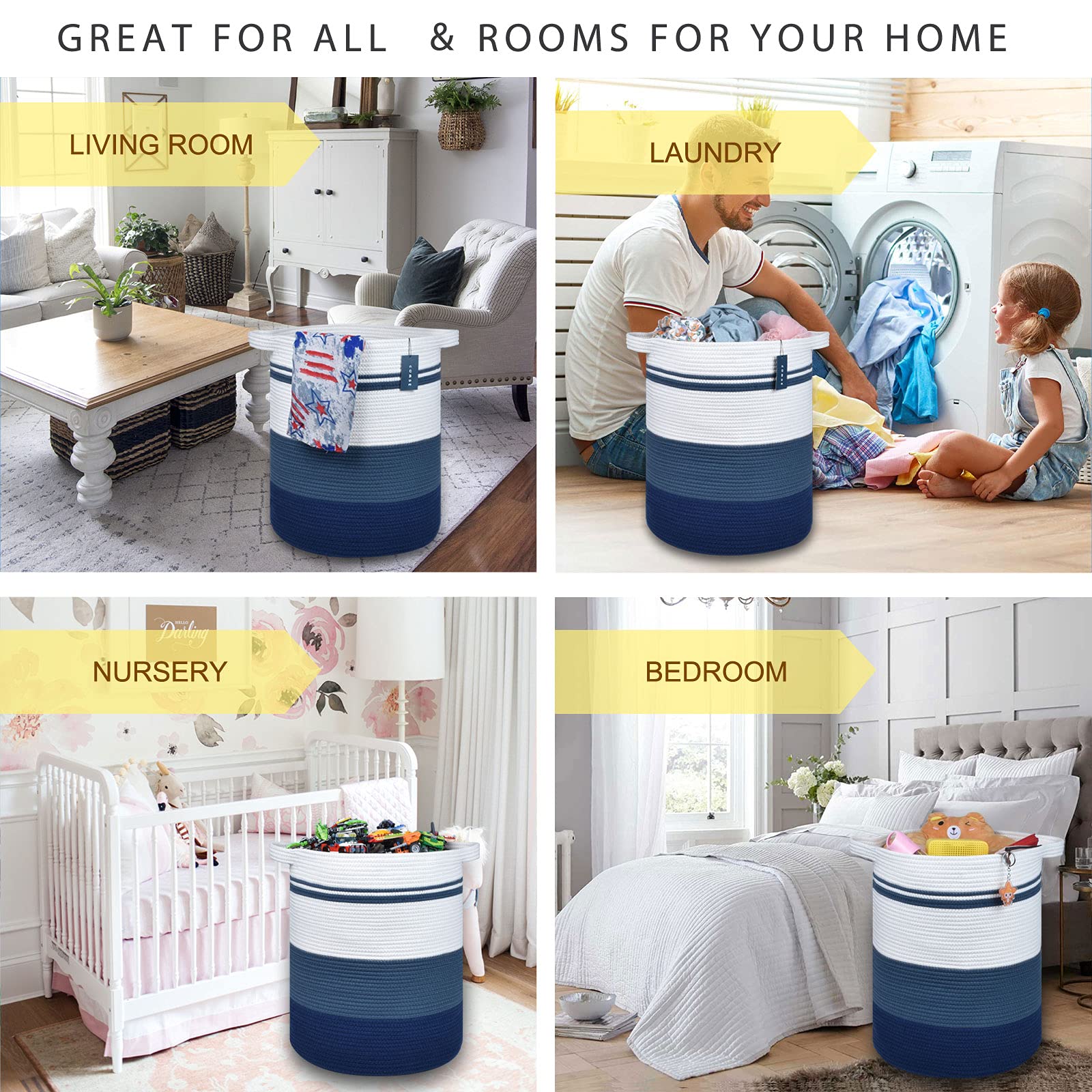 COMSE Extra Large Blanket Basket, High Storage Basket, Tall Rope Laundry Basket, 15.7βx 21.7β, XXXL Cotton Rope Basket, Woven Laundry Basket, Toy Basket, Clothes Baskets,Woven Basket,Gradient Blue