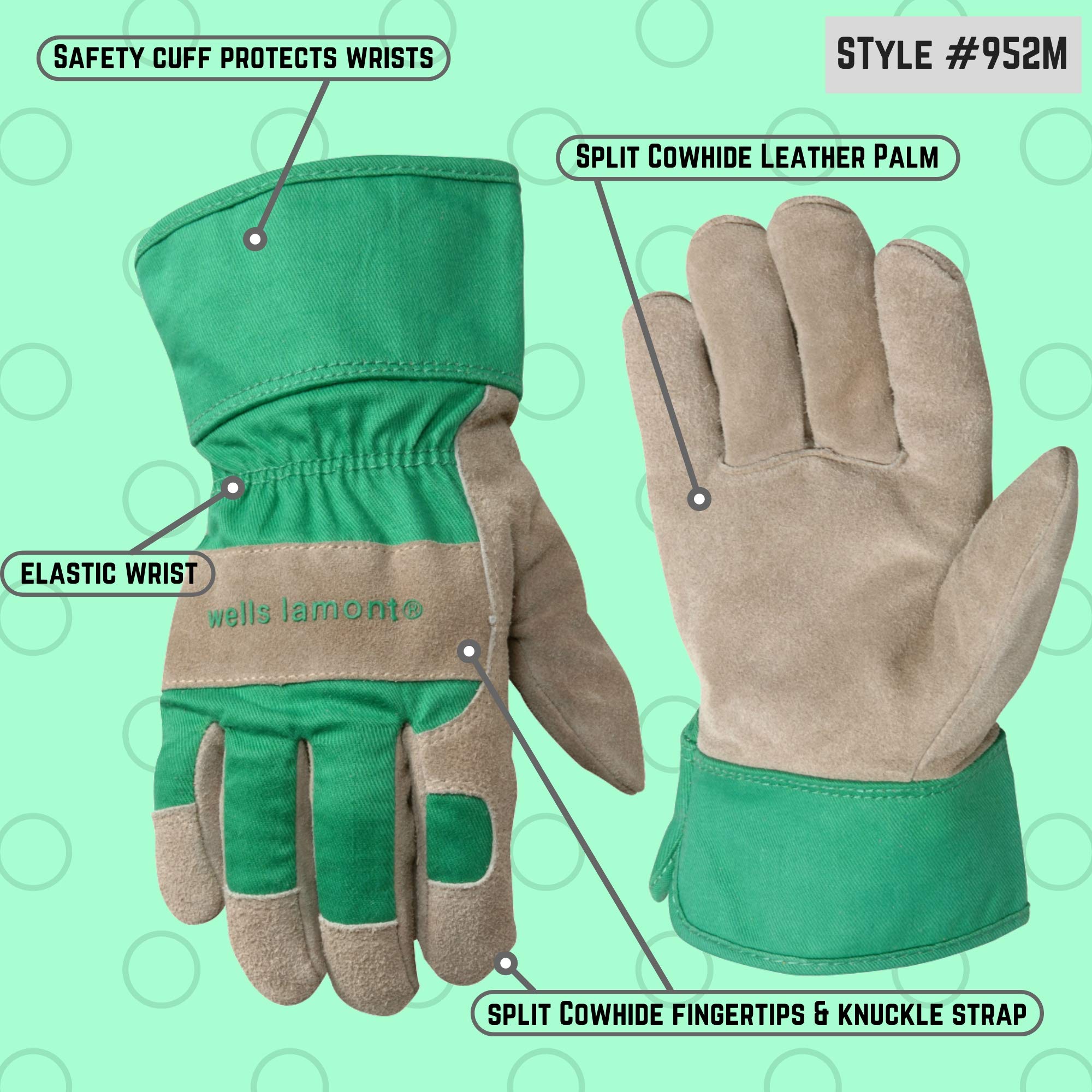 Wells Lamont Kids Work and Garden Gloves with Safety Cuff, Fits Youth Ages 5-8 (952M), Abrasion Resistant, Green