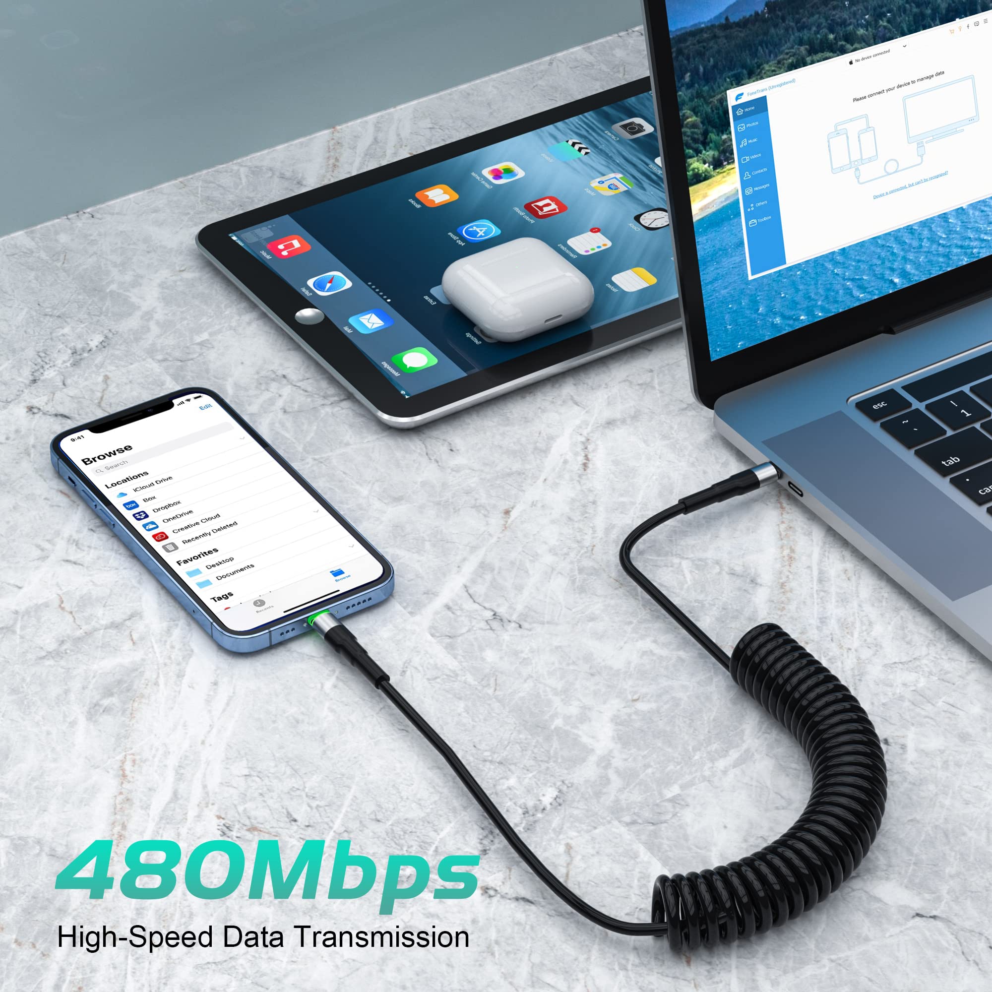 Coiled USB C to Lightning Cable with Apple Carplay, Coiled iPhone Charger Cable [MFi Certified] Apple Carplay Cable Short Retractable iPhone Lightning Charger Cord with LED for iPhone, iPad, iPod