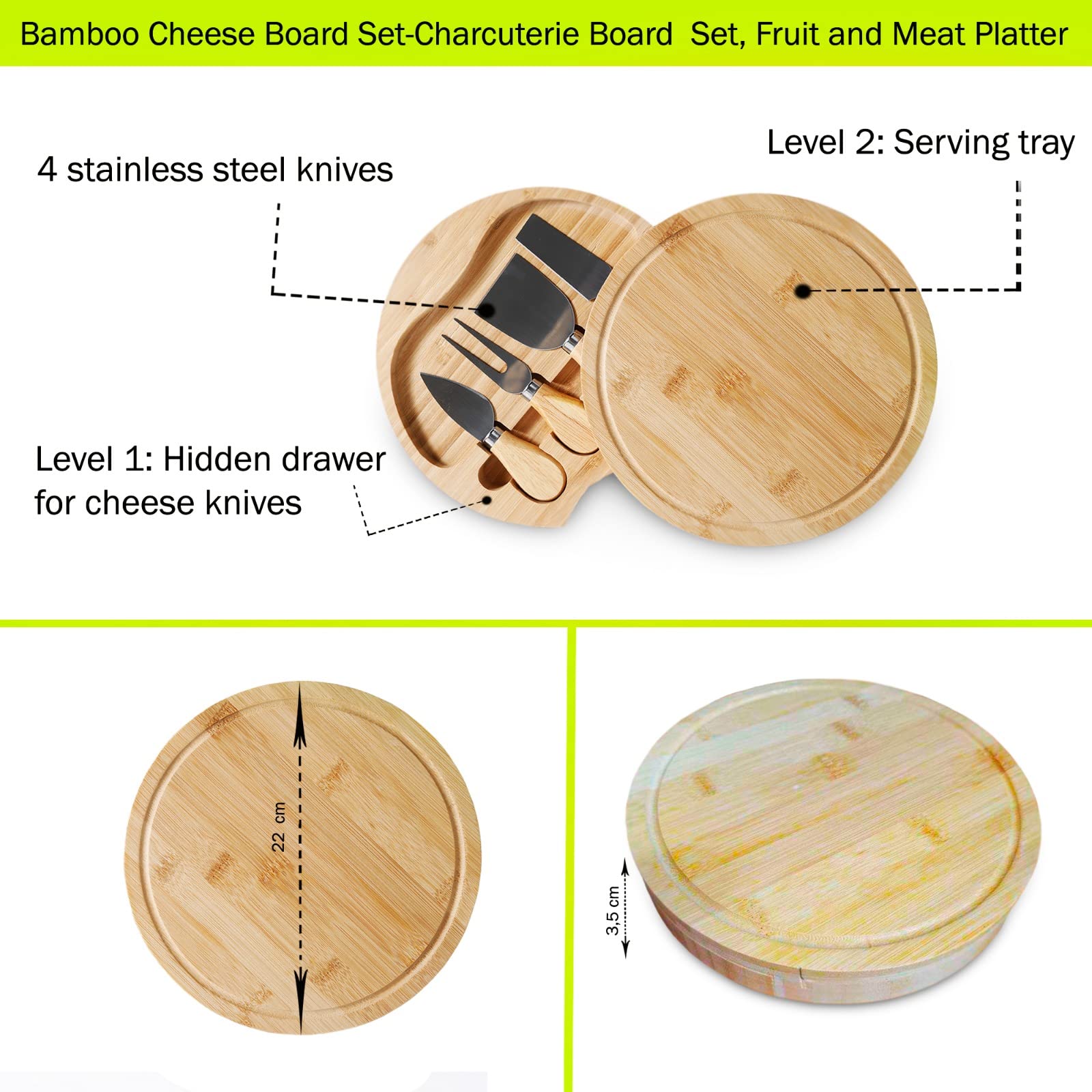 Charcuterie Board Set, Small Cheese Boards, Bamboo Cheese Board and Bamboo Serving Tray Including 4 Stainless Steel Knife, Perfect Choice for Breakfast, Dinners and Special Celebrations by ANAXOR