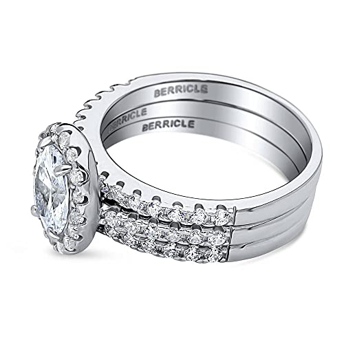 BERRICLE Sterling Silver Halo Wedding Engagement Rings Oval Cut Cubic Zirconia CZ Ring Set for Women, Rhodium Plated Size 9