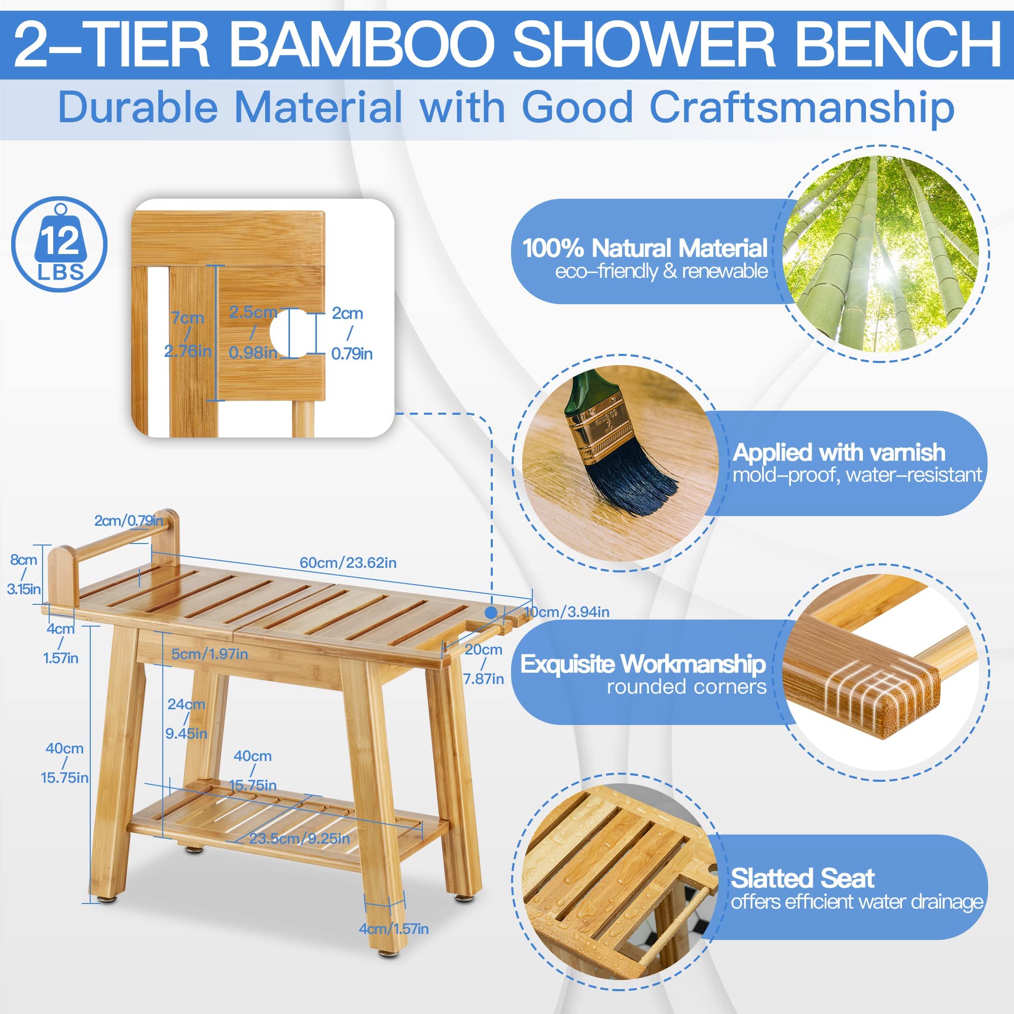 ETECHMART 2-Tier Bamboo Shower Bench, 24 Inch Spa Stool with Storage Shelf for Inside Shower Legs Shaving, Entryway or Bathroom, A-Shaped Shower Bath Seat for Seniors Adults Disabled Women, Natural+Ba