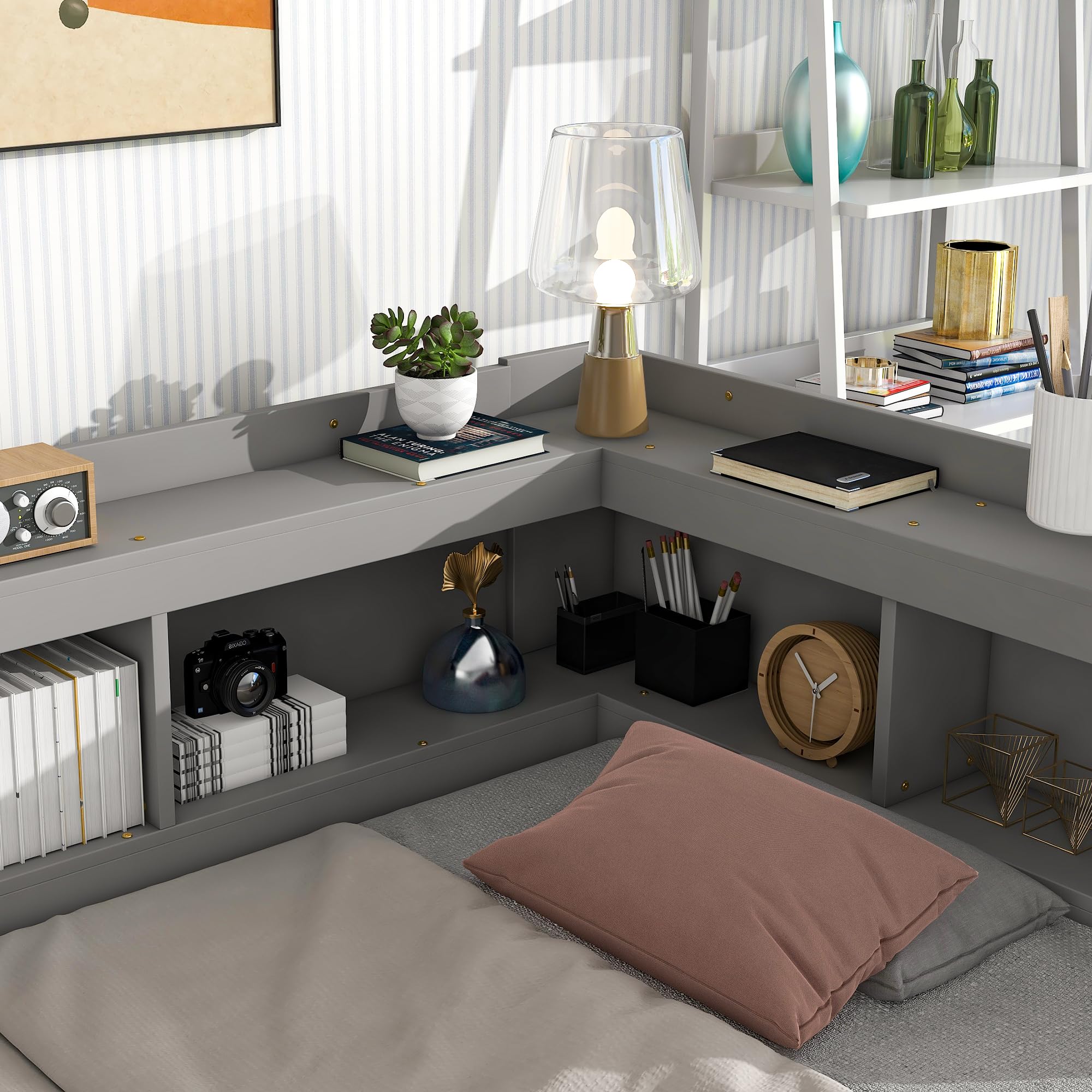 DNChuan Twin Size L-Shaped Corner Daybed with Bookcase Headboard,Captains Bed with Underneath Storage Drawers for Kids Adults,No Box Spring Needed,Grey