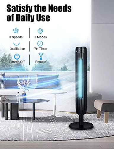KopBeau Tower Fan for Bedroom, 42 Inch Oscillating Cooling Fans with Remote, Quiet Bladeless Floor Powerful Fan, 3 Modes, Buit-in 7Hrs Timer and LED Display, Standing Fans for Home Office, Black