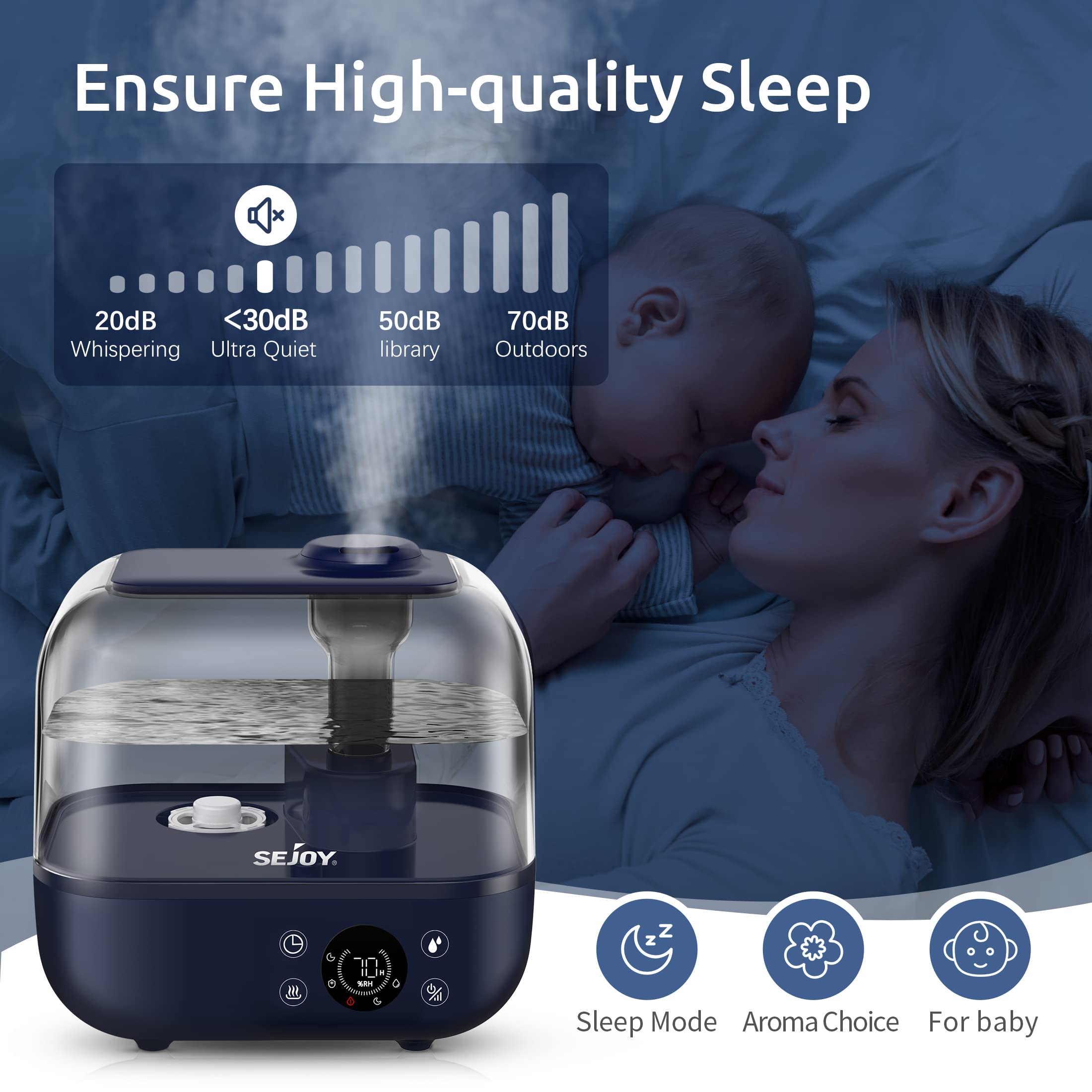 Sejoy Humidifiers for Bedroom Large Room 5L Quiet Ultrasonic Warm & Cool Mist Humidifier, Auto-Shut Off, Humidifiers for Babies Nursery Bedroom Whole House Office Plants, Navy Blue