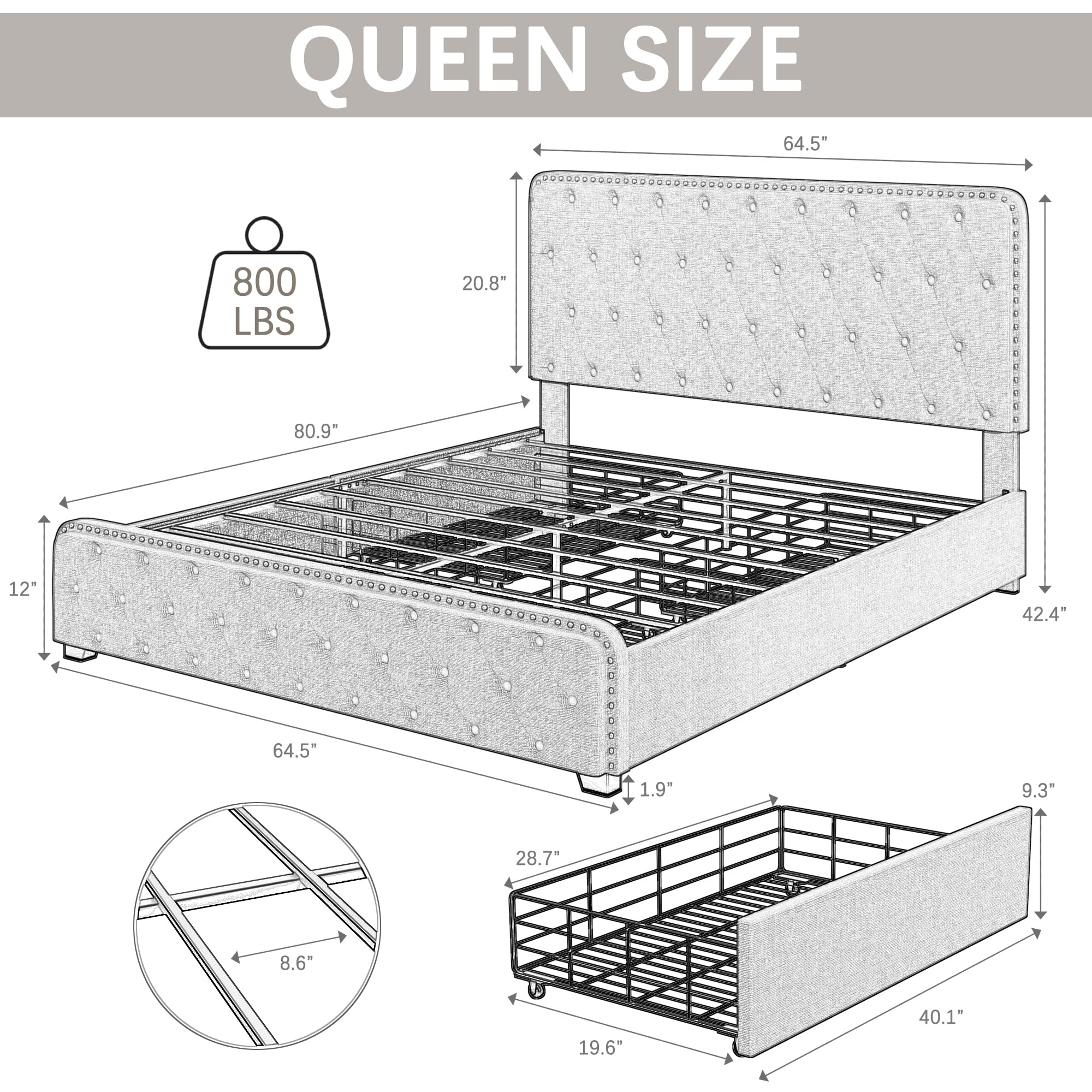 Fluest Queen Bed Frame with Headboard Storage Drawers of 4 Upholstered Bed Frame Platform Adjustable Headboard Metal Slats Support/No Box Spring Needed/Easy Assembly/Mattress Foundation, Dark Gray