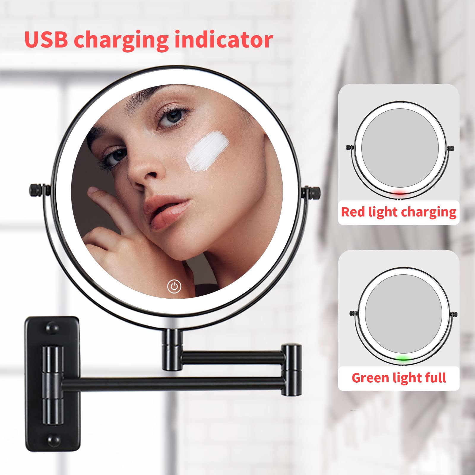 Keilefo Wall Mounted Makeup Mirror 10X Majnifying Mirror LED Light Dimmable Touch Screen, USB Charge, Extendable Double Sided Vanity Mirror 8 Inch, Black