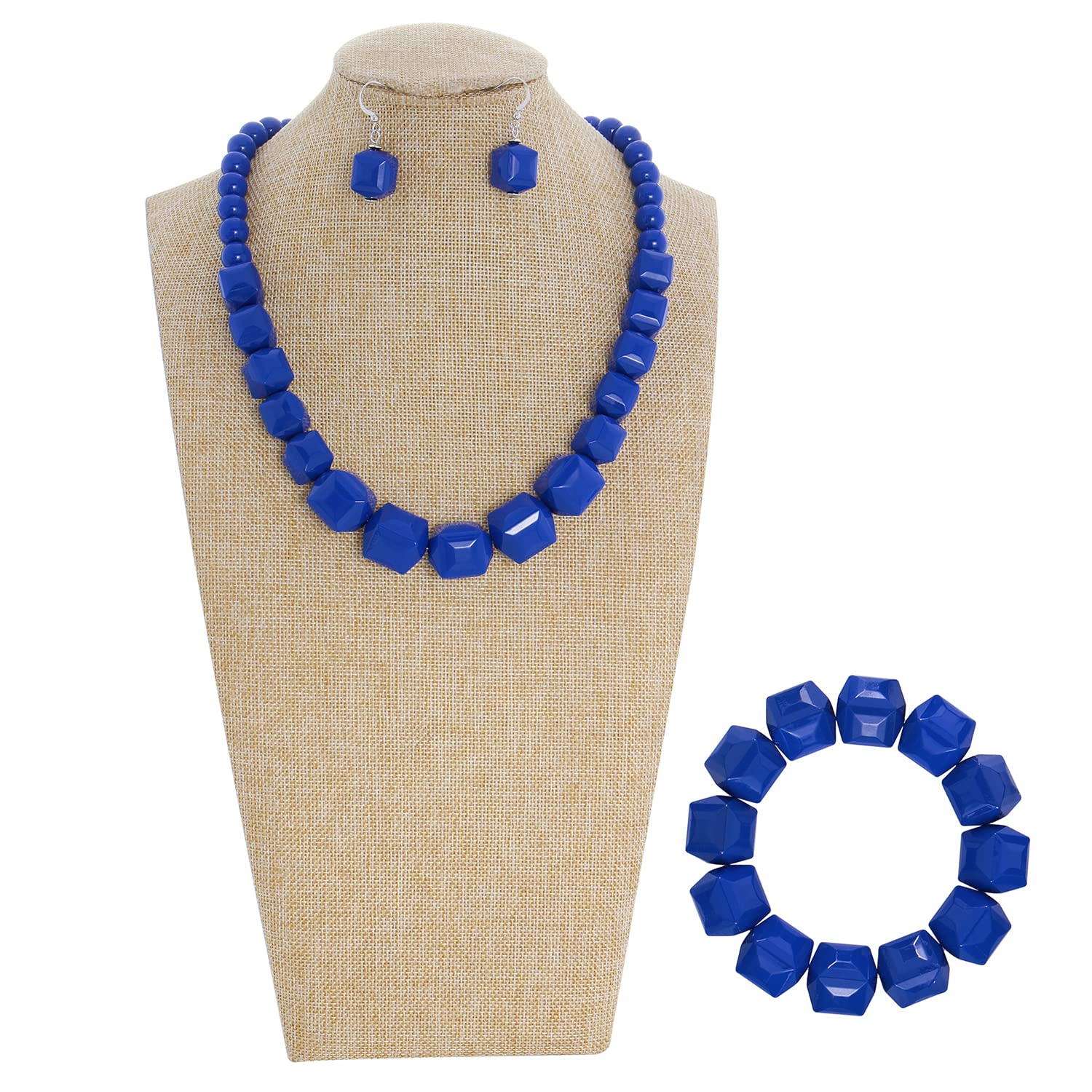 Coiris Chunky Red Acrylic Beads Strand Necklaces Set,Statement Geometric Beads Necklace Earrings,Acrylic African Beaded Necklace for Accessory Jewelry(ST0009-Royal Blue)