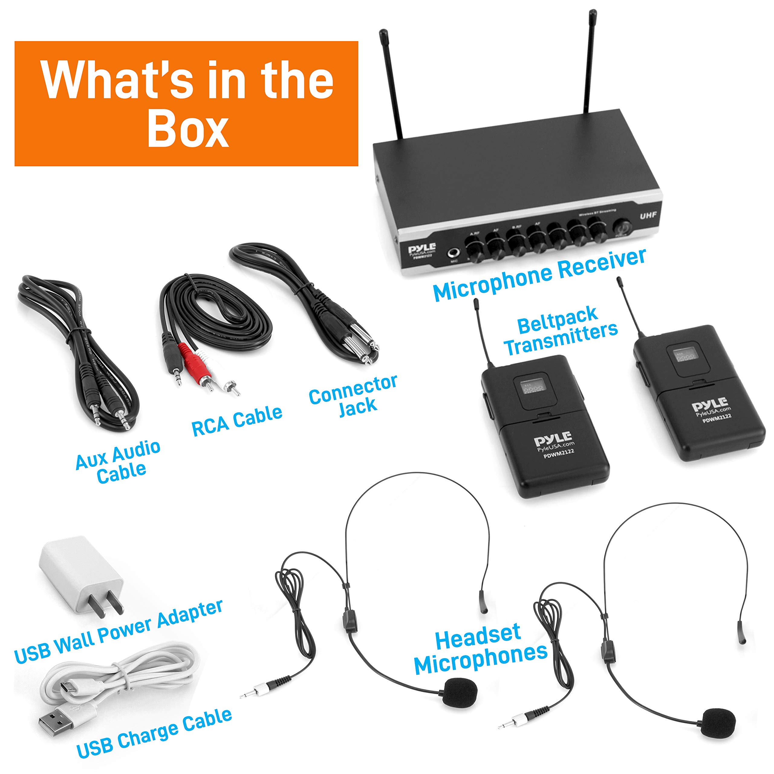 Pyle Portable Uhf Wireless Microphone System - Bluetooth Cordless Headset Lapel Lavalier Microphone Set W/ 2 Battery Operated Beltpack Transmitters, Receiver, Aux, for PA Karaoke DJ Party - PDWM2122