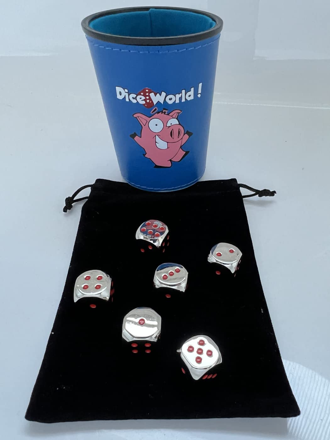 Set of 6 Dice World Solid Zinc Alloy Metal Dice (16mm) with Synthetic Leather Dice World Cup (Red Pips)