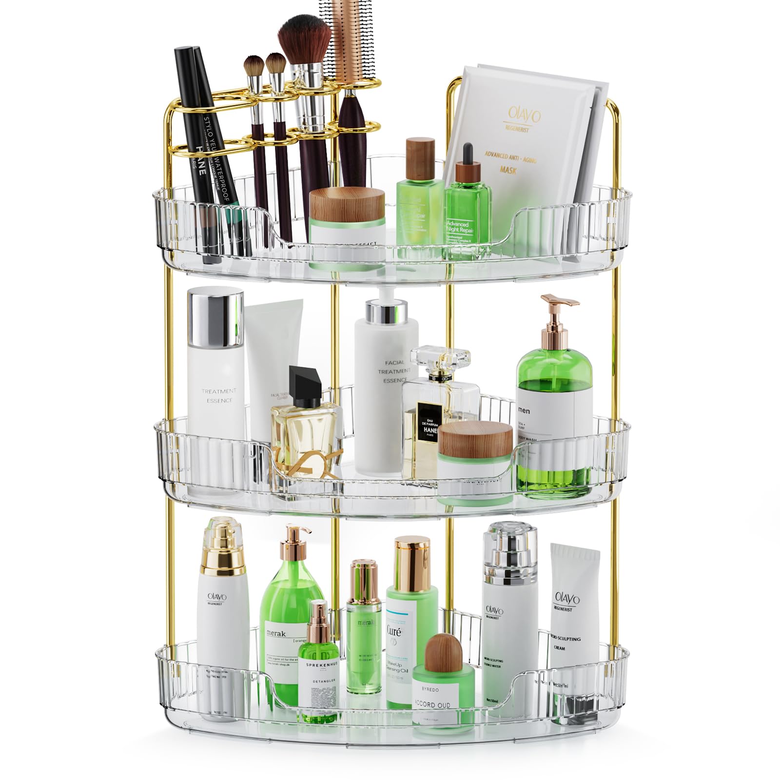 EUHOME 3-Tier Corner Bathroom Counter Organizer Makeup Cosmetic Storage, Tool-Free Installation Acrylic Vanity Shelf, Countertop Storage Organizers Perfume Tray for Bathroom, Dresser, Kitchen (Clear)