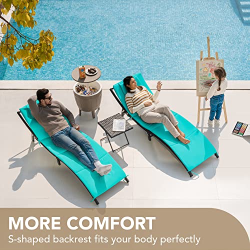 Devoko Patio Chaise Lounge Sets Outdoor Rattan Adjustable Back 3 Pieces Cushioned Patio Folding Chaise Lounge with Folding Table (Blue)