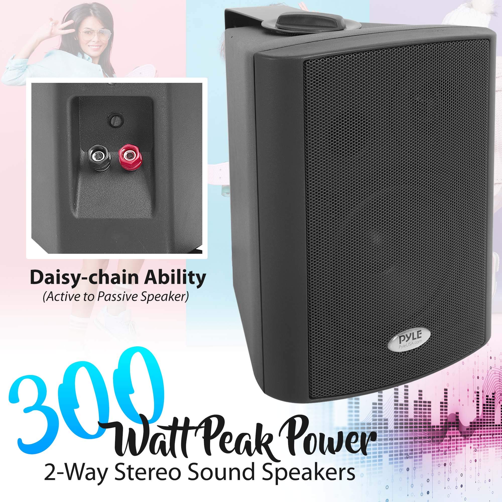 Pyle Wall Mount Home Speaker System - Active Passive Mountable Bookshelf Indoor Studio Garage Patio Stereo Sound Home Theater Speaker, Wireless Bluetooth Speaker Set W/ Aux & RCA - PDWR53BTBK (Black)