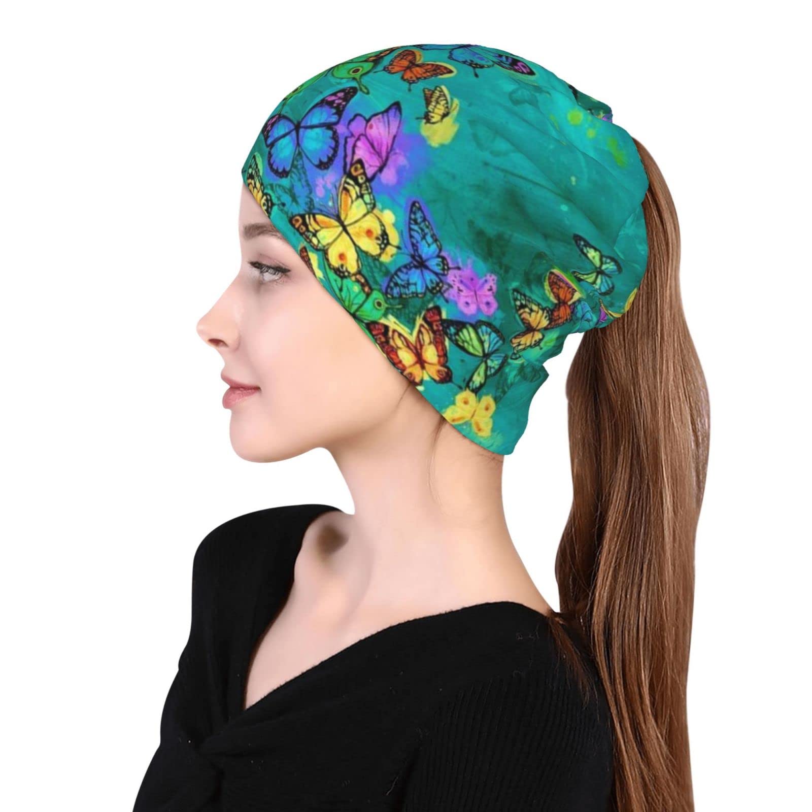 COJONLY Rainbow Butterflys Beanie Chemo Hat Cancer Headwear Skull Hat Knitted Hat Scarf Nightcap Skull Cap for Women Men