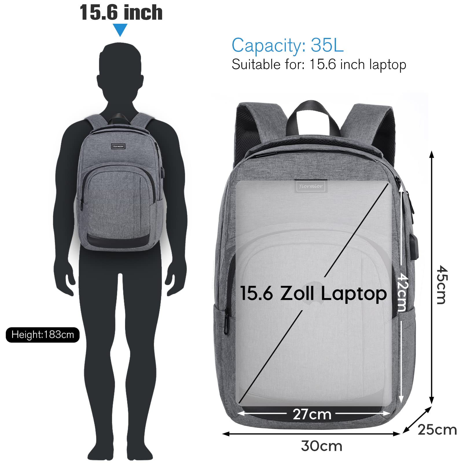 Bookbag School Backpack, Travel Backpack Anti Theft Laptop Backpack with USB Charging Port Water Resistant College Fits 15.6 Inch Notebook Over 3 Years Old