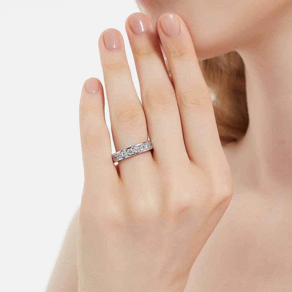BERRICLE Sterling Silver Wedding Rings Channel Set Asscher Cut Cubic Zirconia CZ Anniversary Half Eternity Ring for Women, Rhodium Plated Size 7