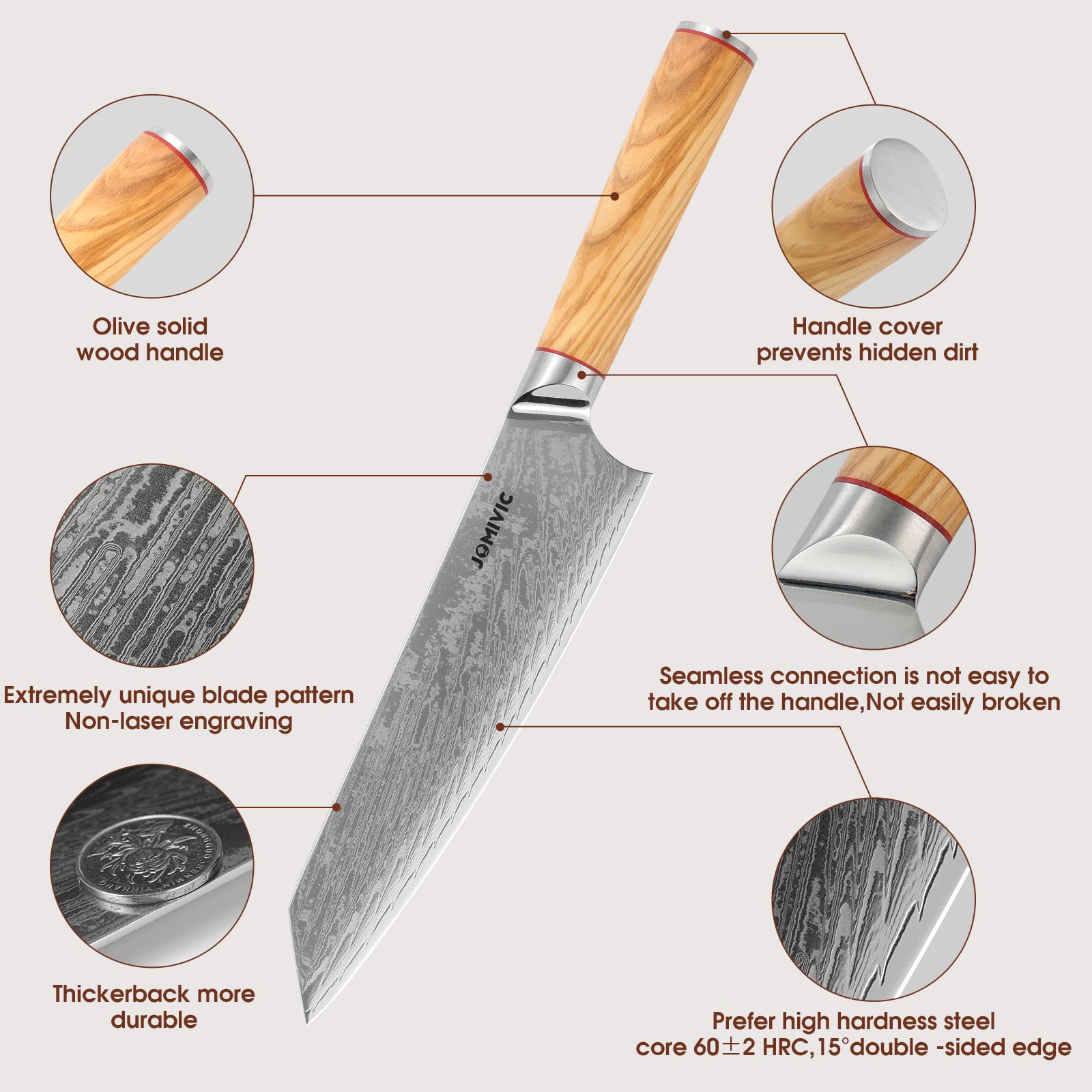 JOMIVIC Damascus Chef Knife Super Steel 8 inch Japanese Kitchen Knife with Wood Handle Razor Sharp Edge Knife with Gift Box and Cleaning Cloth Cooking Knife for Meat, Vegetables, Fish