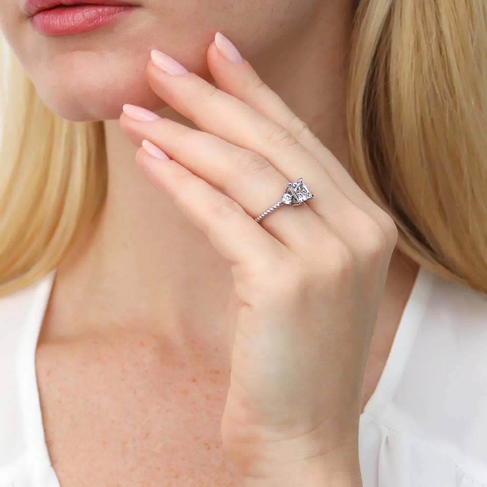 BERRICLE Sterling Silver 3-Stone Wedding Engagement Rings Princess Cut Cubic Zirconia CZ Woven Ring for Women, Rhodium Plated Size 5