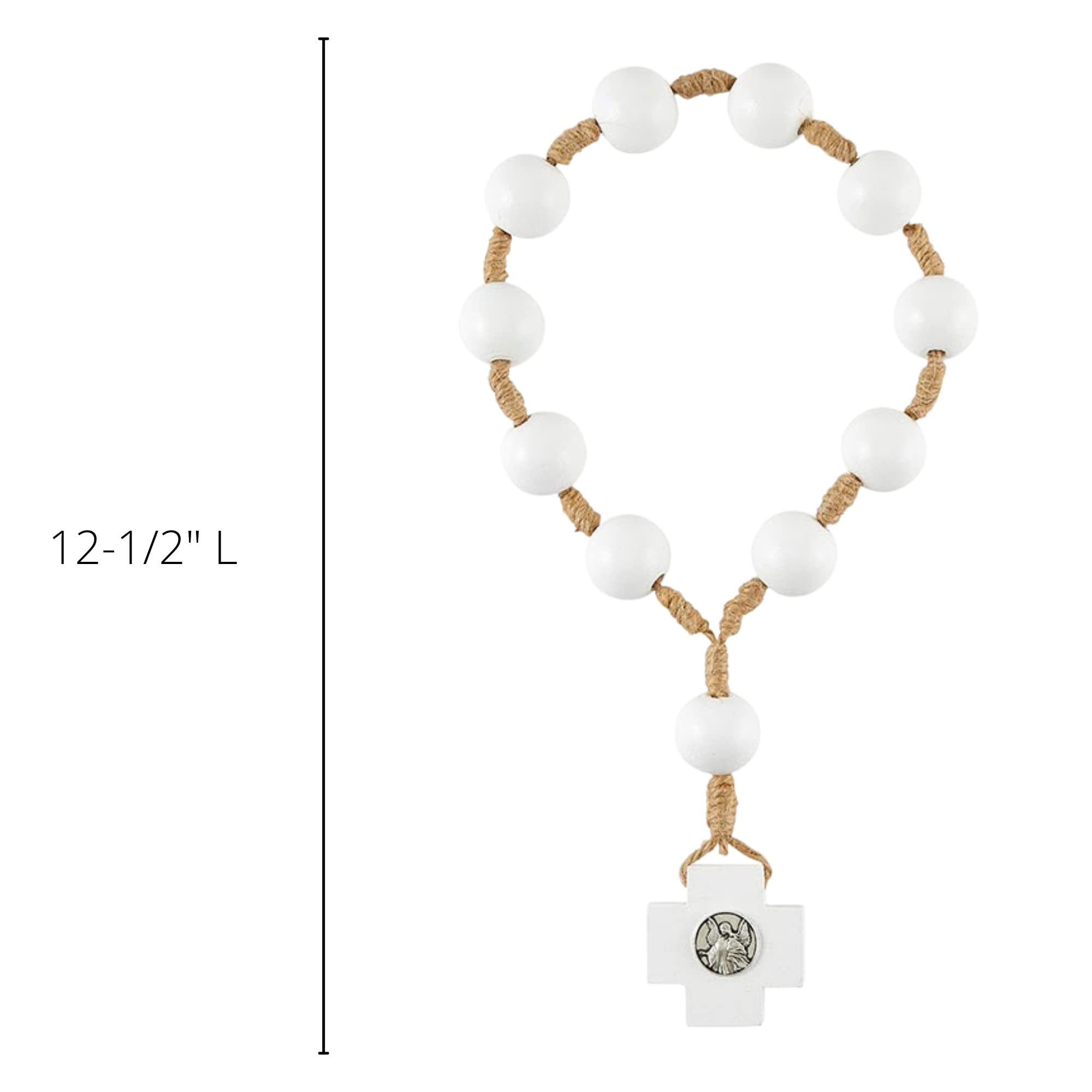Guardian Angel Door Knob Rosary with Large White Beading, Religious Keepsake Prayer Beads, 12.5 inches
