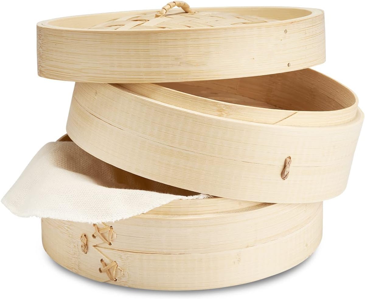 Florauspicious Bamboo Steamer Handmade Basket, Traditional 2-Tier Design - for Dumplings, Rice, Dim Sum, Vegetables, Fish and Meat - Incl. 2 Cotton Cloths (6-Inch)