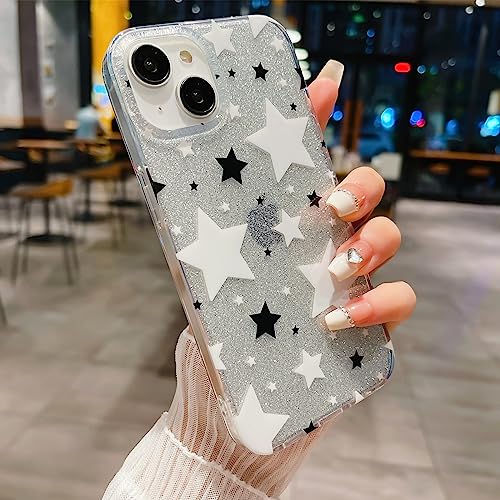 HYUEKOKO Compatible with iPhone 13 Case Bling Glitter White Black Stars Case for Women Girls, Slim Hard Back Clear Phone Case Cover for iPhone 13 6.1''
