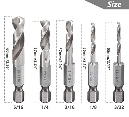 Saipe 5pcs 1/4" Quick Change Hex Shank Metal Stubby Drill Bits Short Drill Bit Set HSS M2 for Right-Angle Drill Attachment and Used in Tight Spaces, 3/32, 1/8, 3/16, 1/4, 5/16-Inch