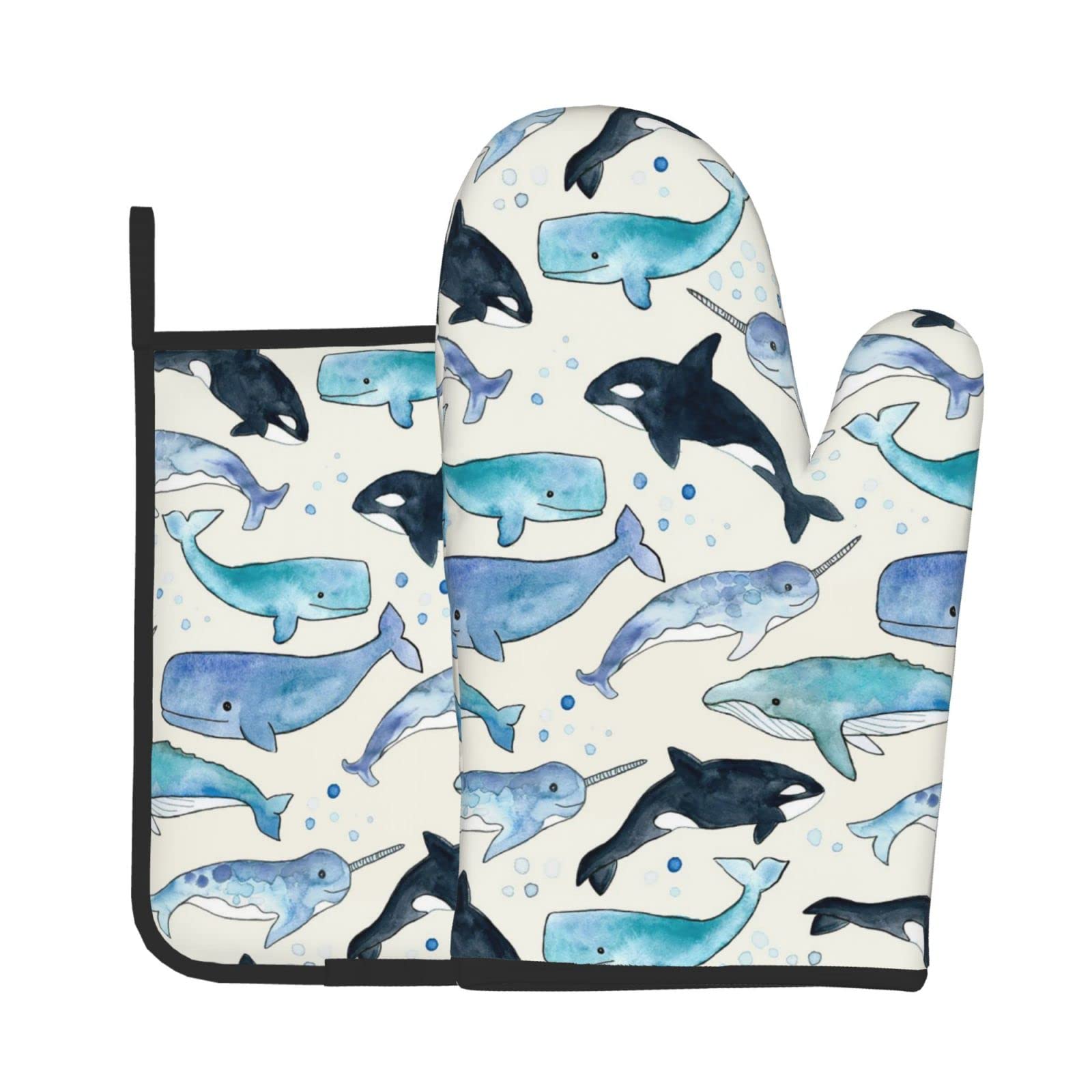 Cute Whale Oven Mitts and Pot Holders Sets of 2, Non-Slip Cooking Hot Pads Washable Heat Resistant for Kitchen Microwave BBQ Baking Grilling