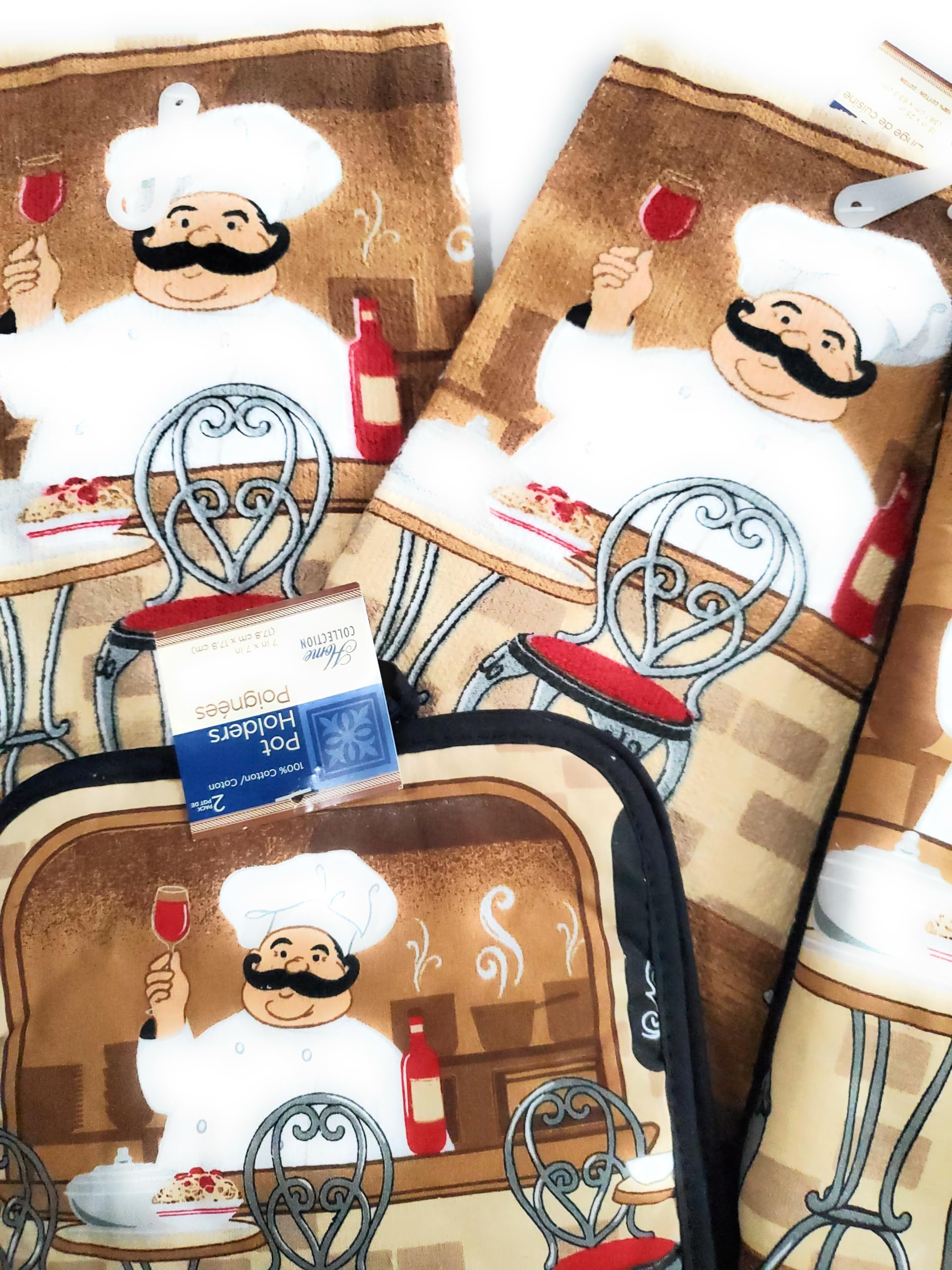 Collection Italian Chef Decor 5 Piece Printed Kitchen Linen Set Includes 2 Towels 2 Pot Holders 1 Oven Mitt