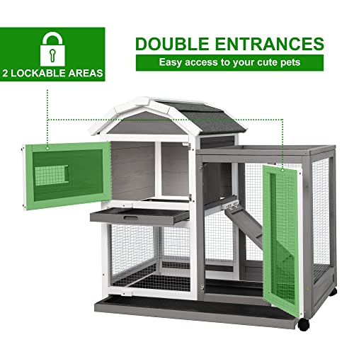 Gowoodhut Rabbit Hutch Two Story Outdoor Bunny Hutch Removable Rabbit Cage with Run Indoor Rabbit House with 2 Deeper No Leak Trays,Asphalt Roof