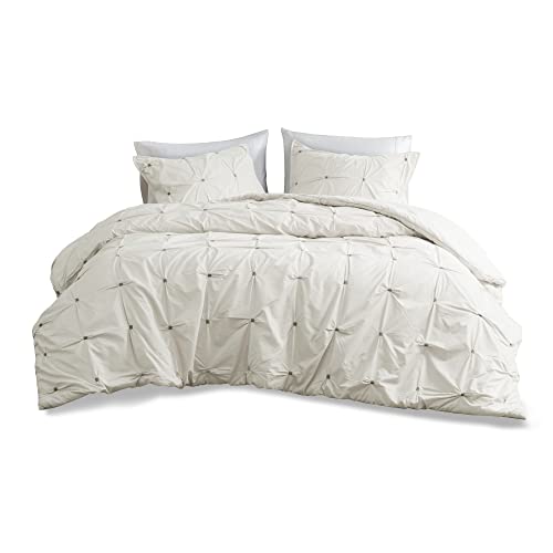 Ink+Ivy Masie Duvet Cover King/Cal King Size - White , Elastic Embroidery Tufted Ruffles Duvet Cover Set β 3 Piece β 100% Cotton Percale Light Weight Bed Comforter Covers