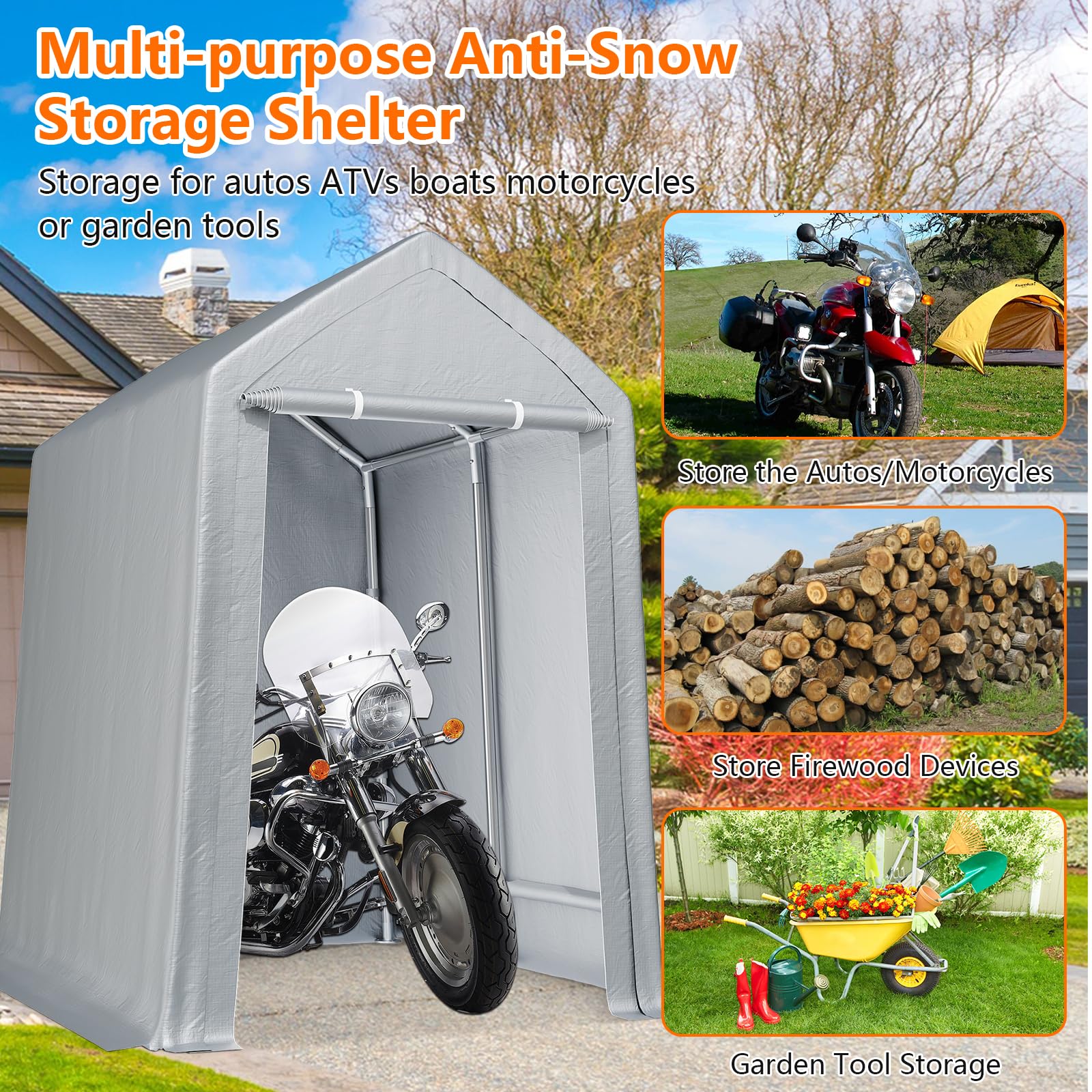 EuKer Ash 12'x12' Heavy Duty Outdoor Storage Shed - Roll-Up Zipper Door, Waterproof Design, Portable Structure, Versatile Use for Motorcycles, Bikes, and Garden Tools, Grey.