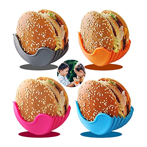 Retractable Reusable Hamburger Sandwich Burger Holders Fixed Box Clip Rack, Adjustable Hygienic Silicone Fixed French Fry Hamburger Sauce Ketchup Holder Container Boxes for Eating, 4 Pcs