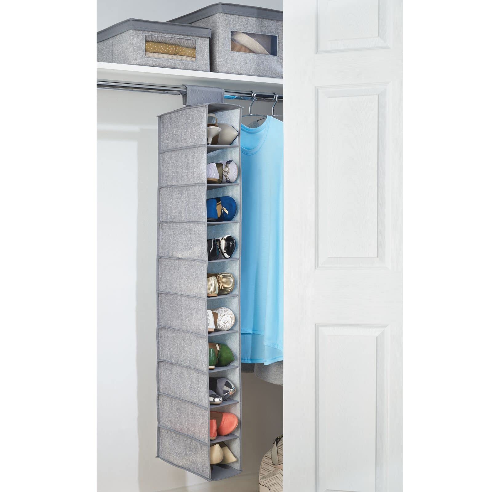 mDesign Fabric Over Rod Hanging Closet Storage Organizers, Includes a Wide 6-Shelf Sweater Organizer, and a Narrow 10-Shelf Shoe Rack - Textured Print - Set of 2 - Gray