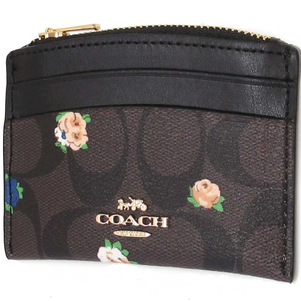 Coach Women's Shaped Card Case (Signature coated canvas and smooth leather, Rose Print - Brown - Black)