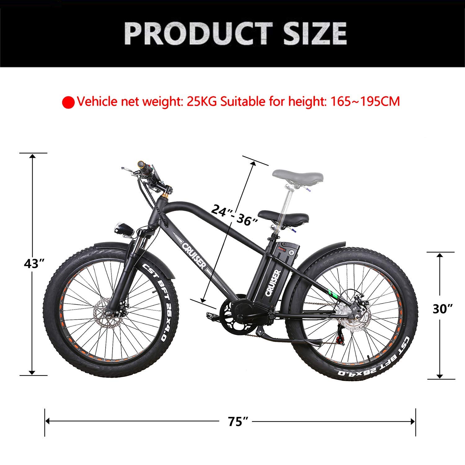 BRIGHT GG Super Cruiser 26'' Electric Bicycle 6 Speed Fat Tire Ebike with 500W Brushless Motor and 48V 12AH Lithium Battery,with Shock Absorption