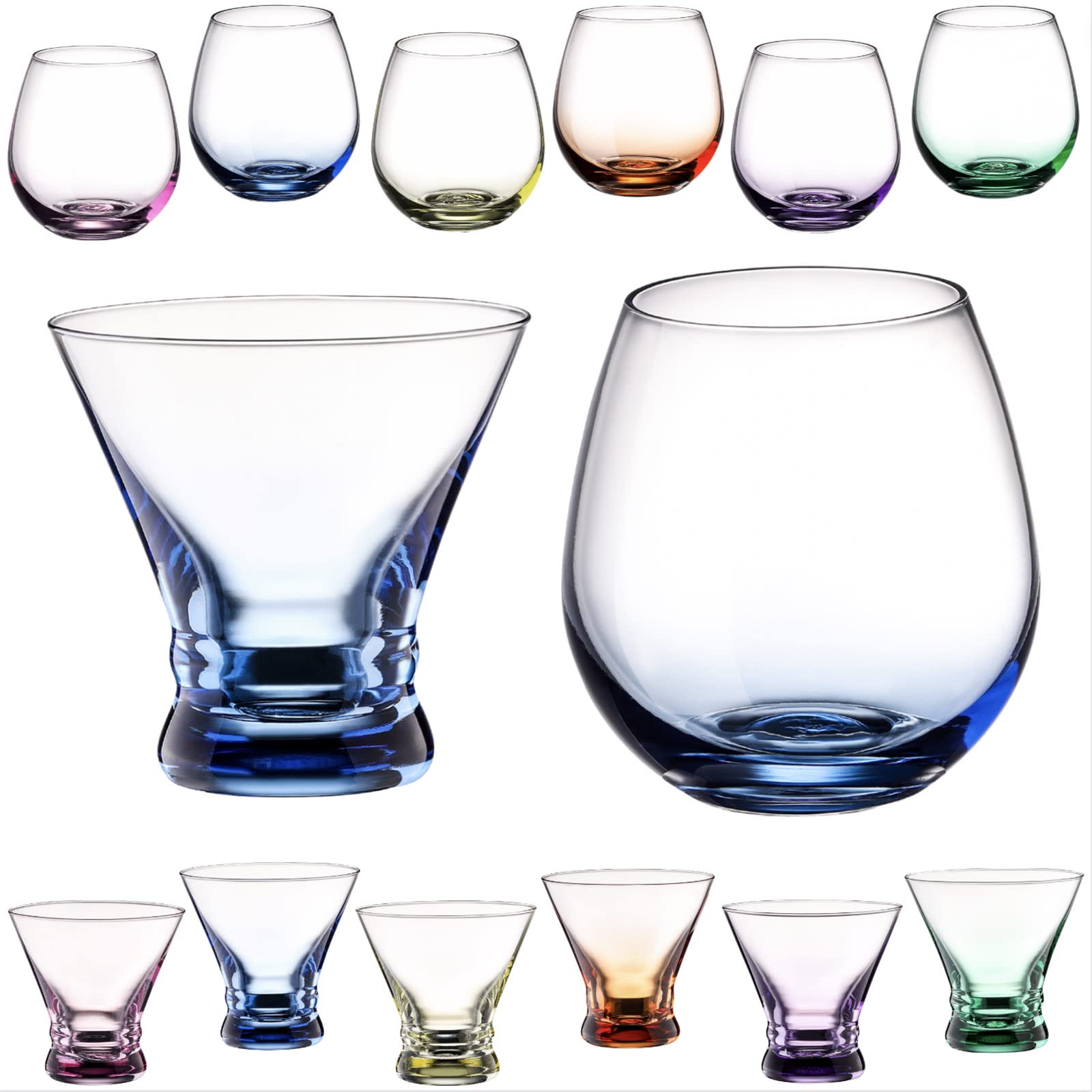 ColoVie Stemless Martini Glasses Set of 6 and Colored Stemless Wine Glasses Set of 6, Colorful Glassware, Drinking Glasses Set, Large Stemless, Red Wine, White Wine